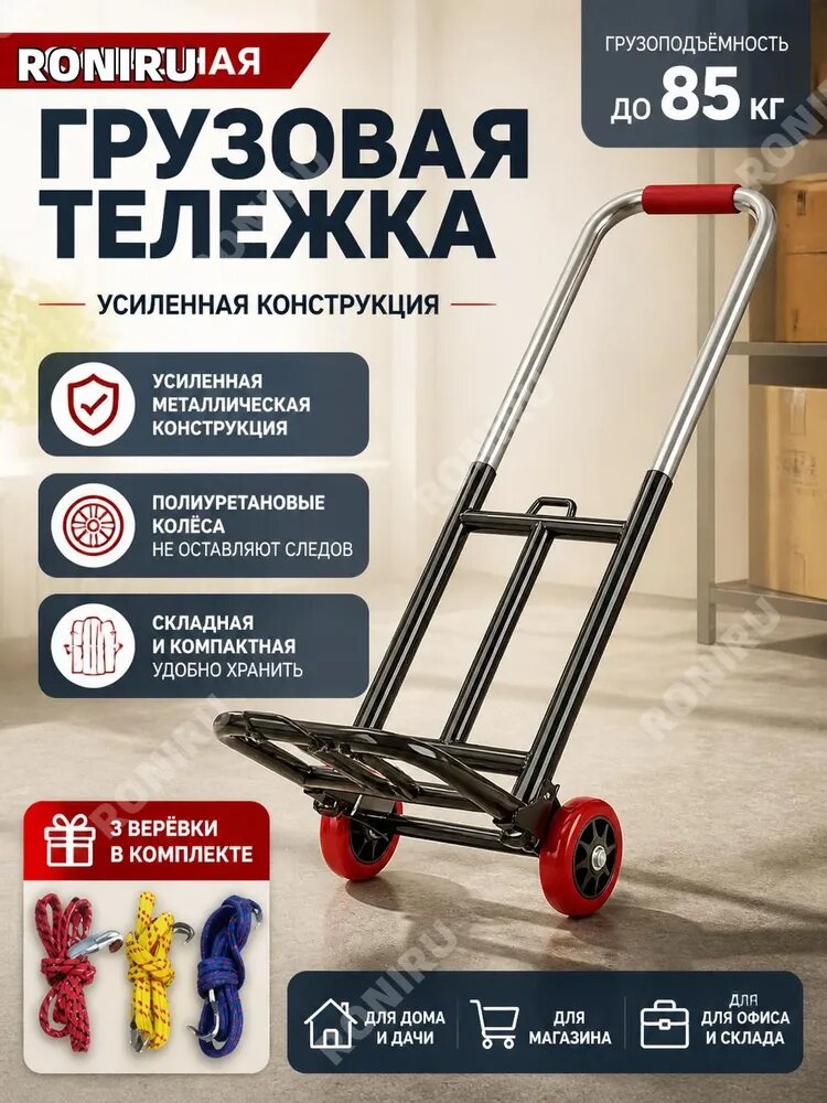 Складная четырехколесная грузовая тележка из железа, 85 кг грузоподъемность, усиленные полиуретановые колёса, 3 верёвки в комплекте, складная тележка для дома, дачи, магазина и офиса