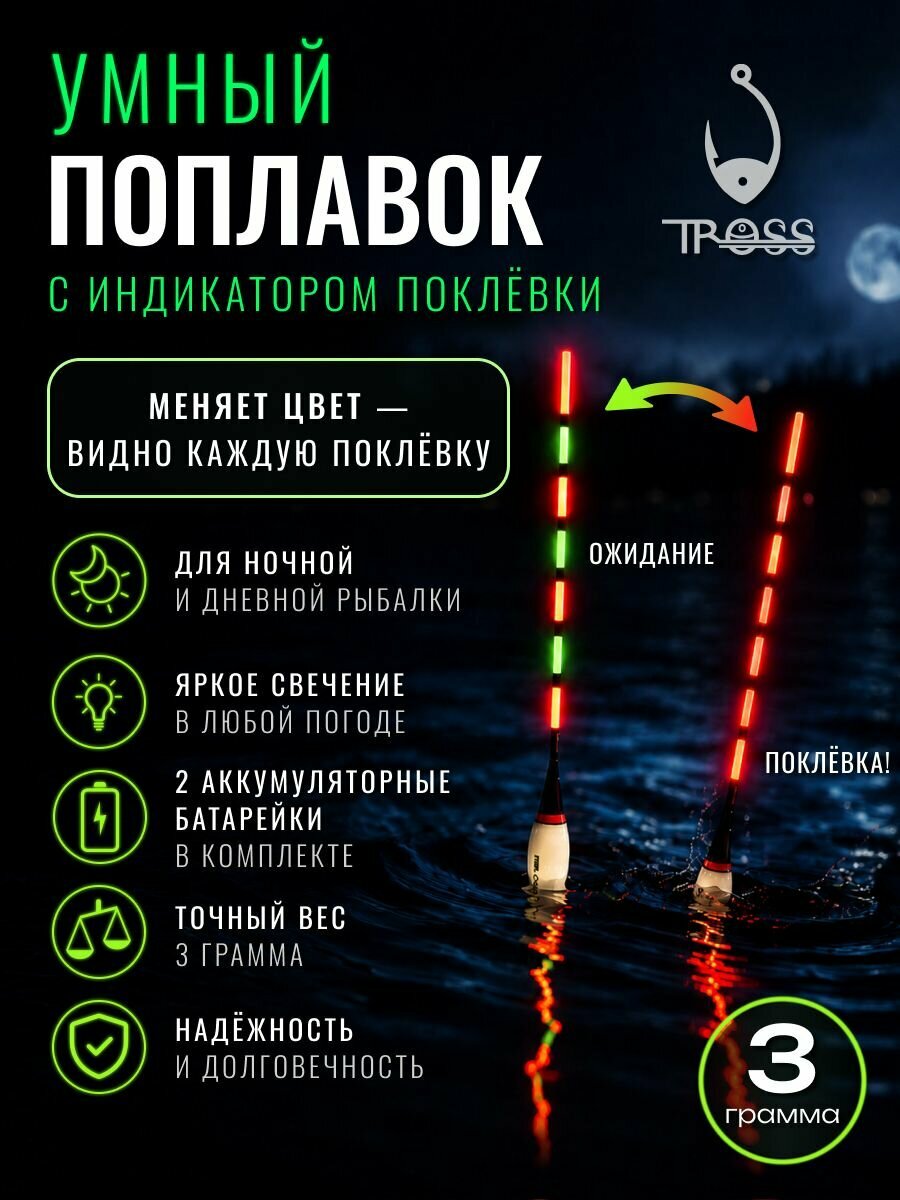 TROSS FISHING Умный поплавок для ночной рыбалки 3 г, 2 аккумуляторные батарейки ночной поплавок аккумуляторный поплавок