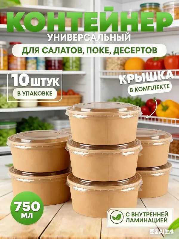 Контейнеры для кейтеринга 750 мл, 10 штук, картонные с крышкой, одноразовые, для мероприятий