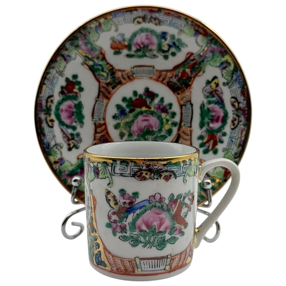 Кофейная пара "Кантонская Роза", 90 мл, ручная роспись, 1970-1980 гг, Гуанчжоу, Китай