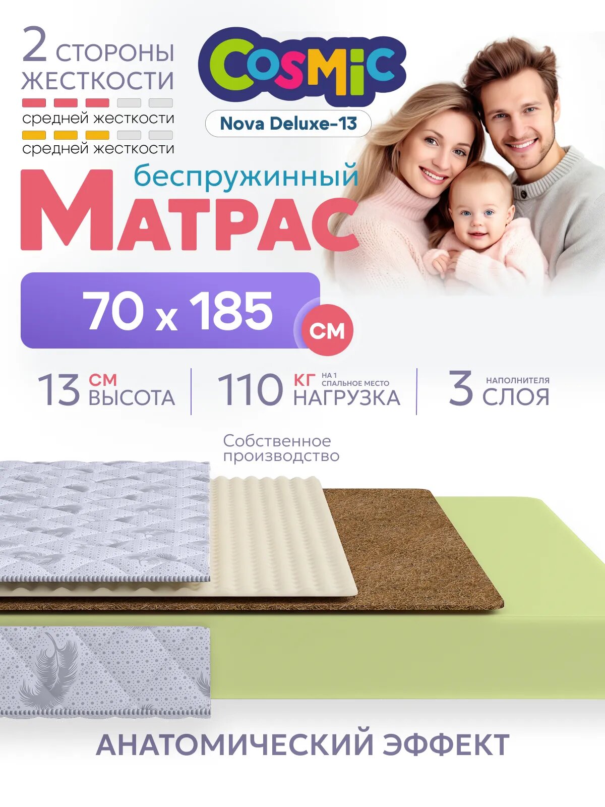 Матрас Cosmic Nova Deluxe-13 70x185 см, беспружинный, средней жесткости, высота 14 см, анатомическая поддержка