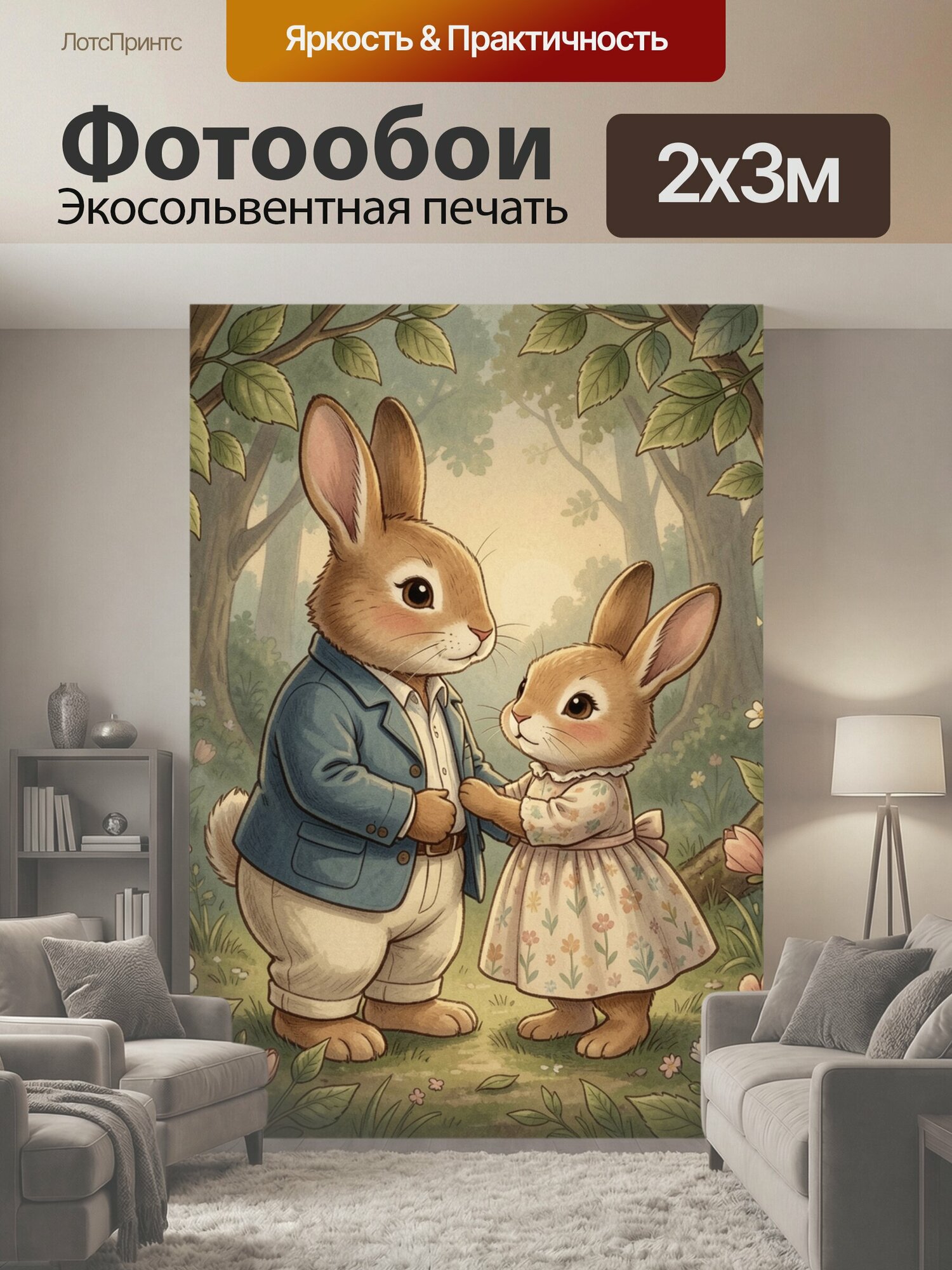 Фотообои "Зайцы в лесной поляне. Трогательная сказочная иллюстрация с двумя кроликами в одежде среди цветущего леса. Мягкие пастельные." 200x300 см. экосольвентная печать