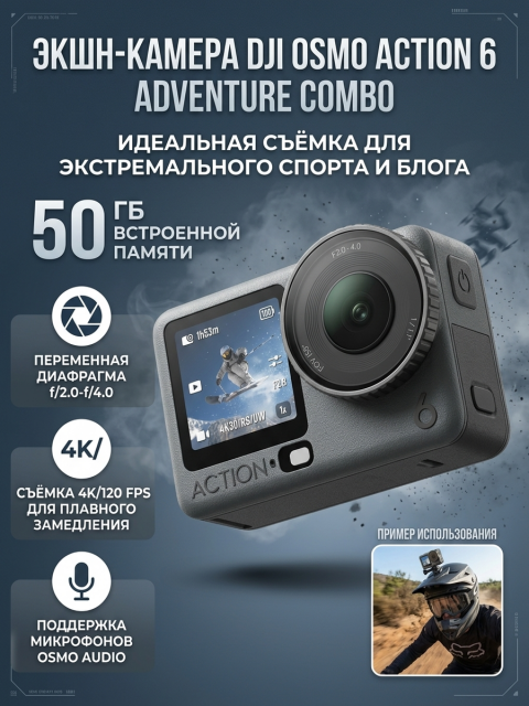 Экшн-камера DJI Osmo Action 6 Adventure Combo, встроенная память 50 ГБ, черный