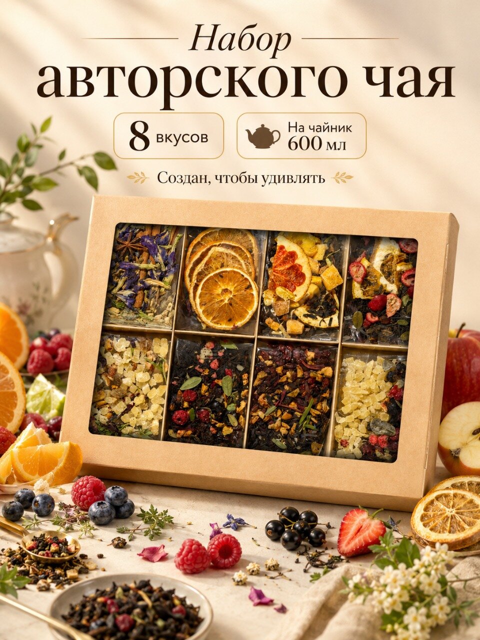 Подарочный набор чая ягодный, фруктовый, авторский, листовой, 8 вкусов, ассорти