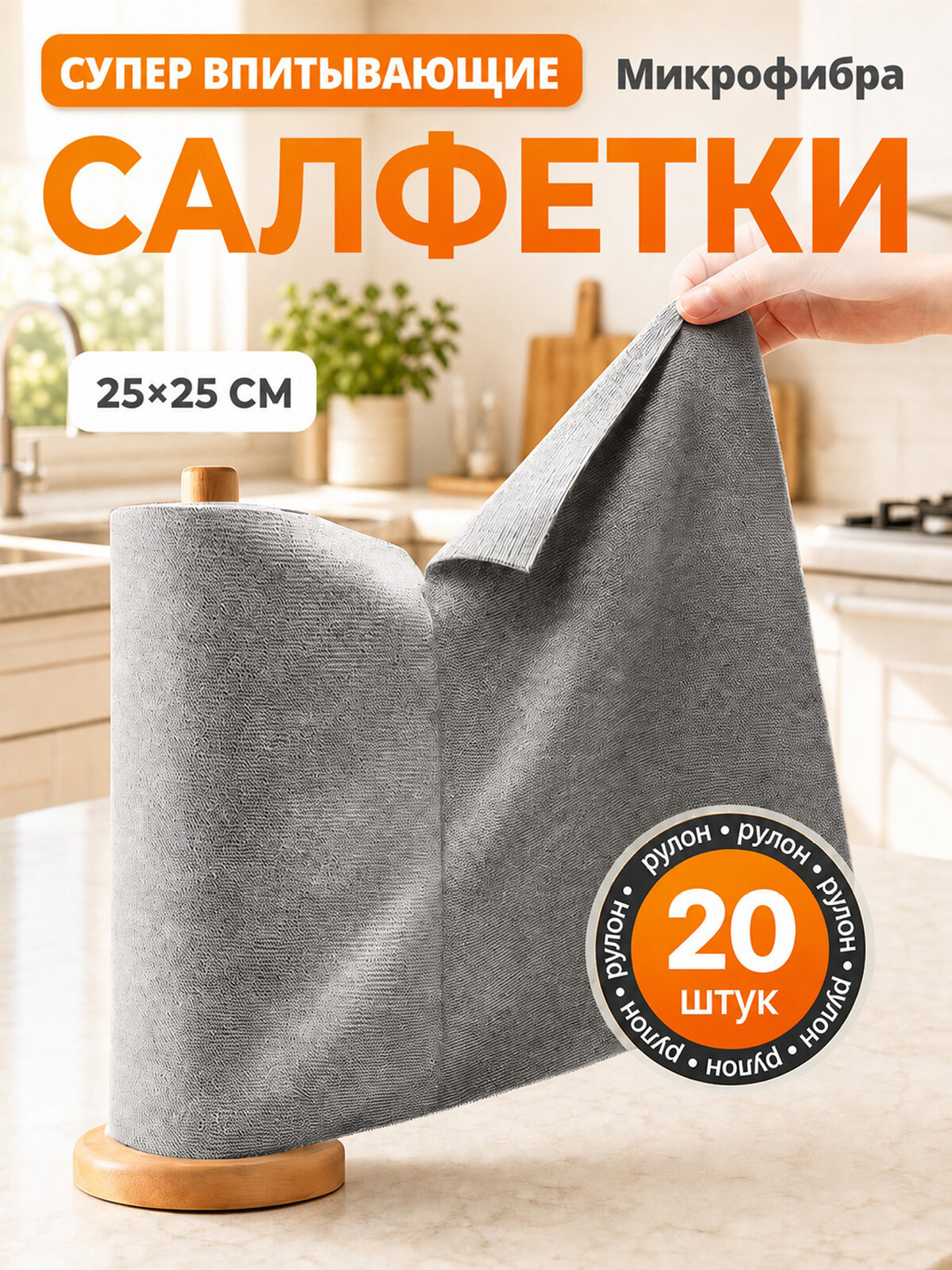 Отрывные салфетки из микрофибры с прямым краем, для кухни и автомобиля 25x25 см, 20 шт, светло-серый