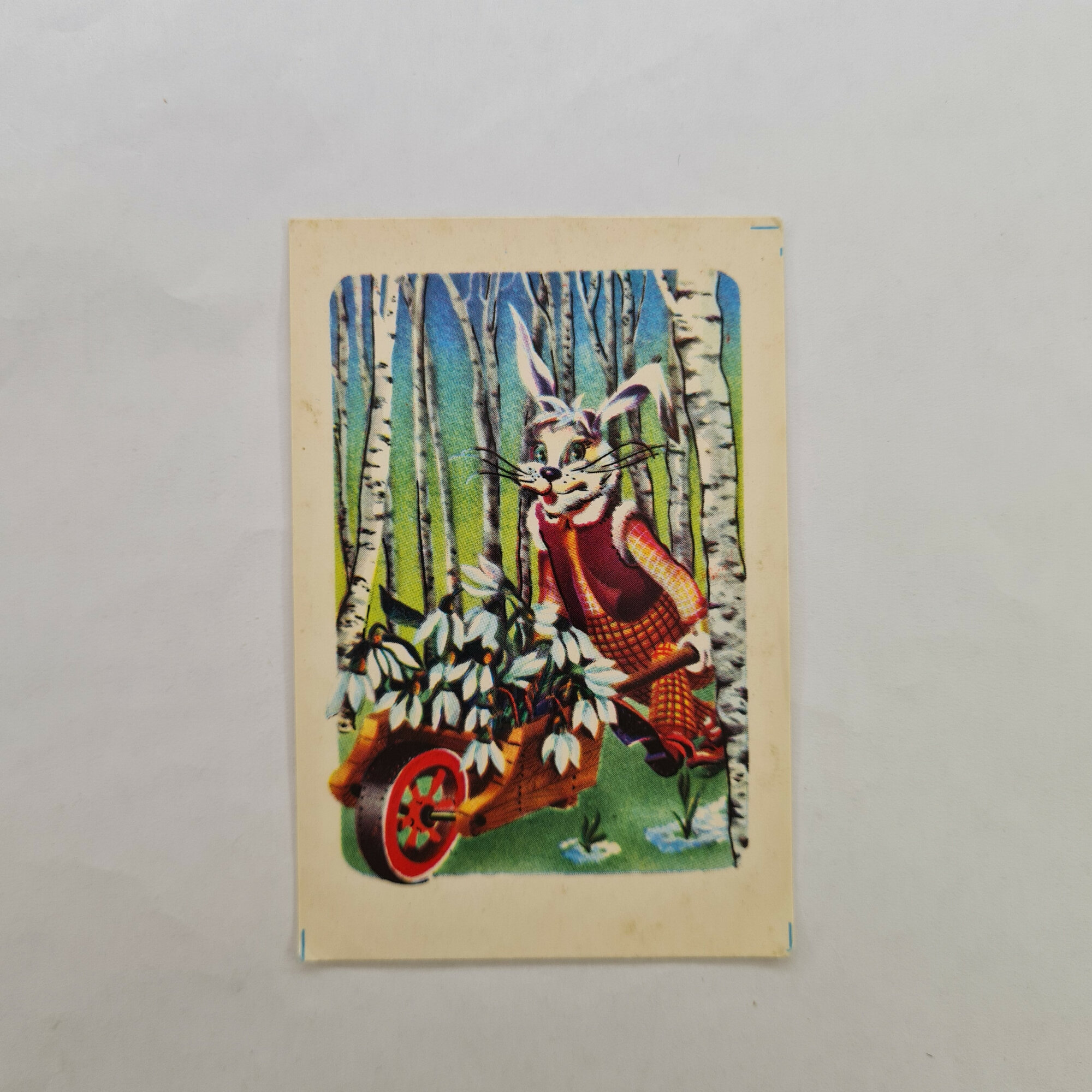 Карманный календарик СССР 1986. Заяц с подснежниками, сказка, весенний сюжет. Советский календарь