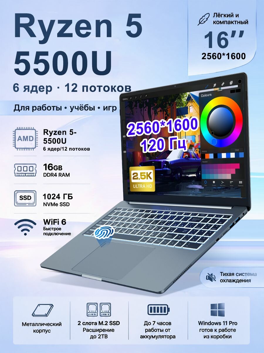 Ninkear A15 Pro(2 вентилятора охлаждения,2.5К, 120Гц, WIndows+Office) Игровой ноутбук 16", AMD Ryzen 5 5500U, RAM 16 ГБ, SSD 1024 ГБ, AMD Radeon 660M, Windows Pro, серый металлик, Русская раскладка
