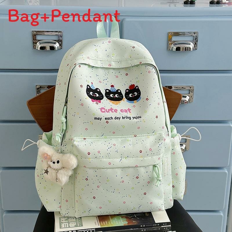 Girls nylon backpack with cartoon cat design and multicolor options for school and outings green