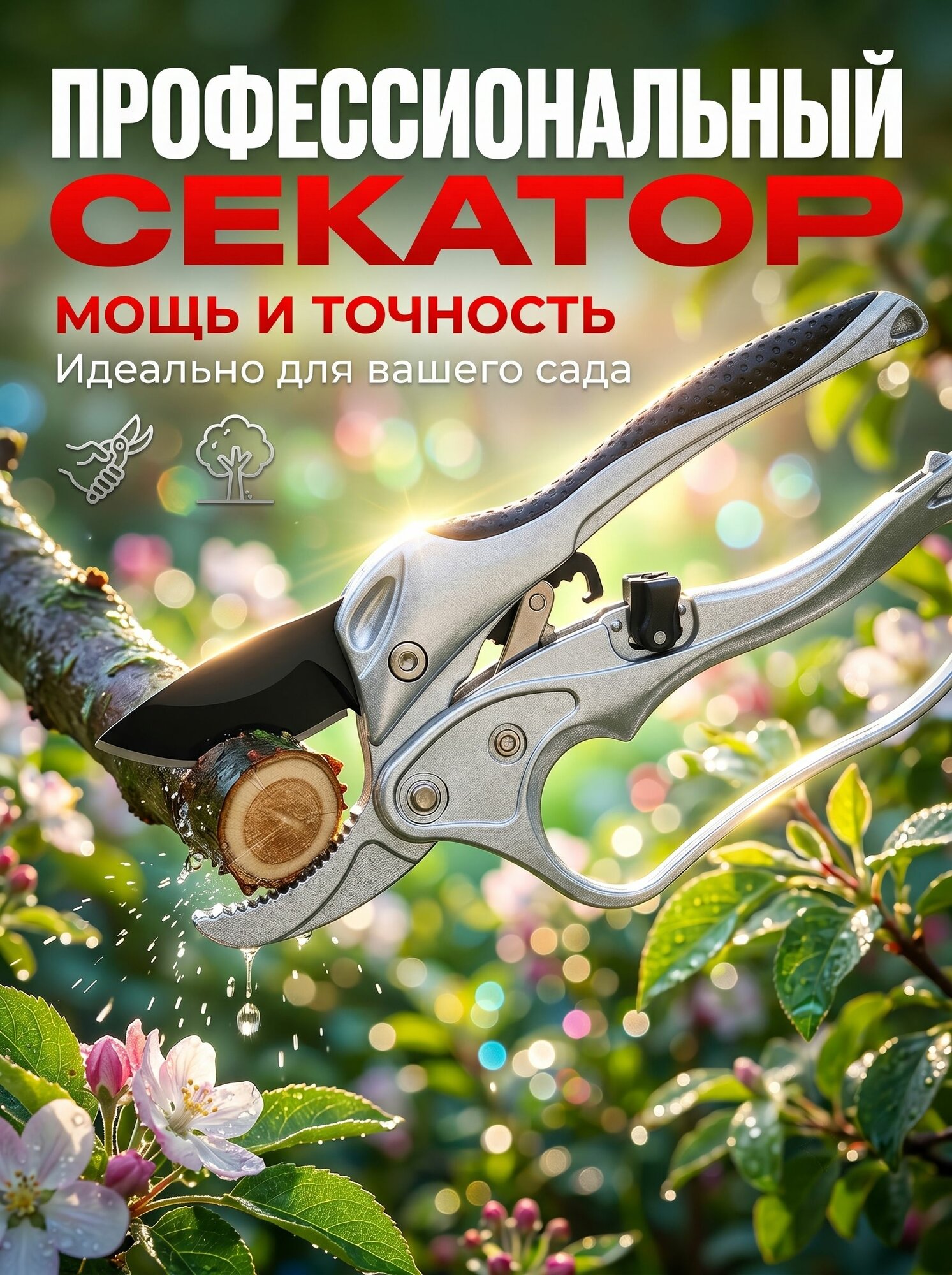 Секатор садовый с храповым механизмом, срез до 30 мм
