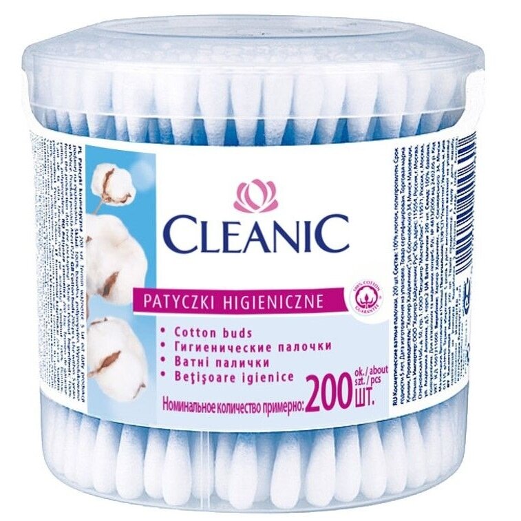 Ватные палочки СLEANIC Гигиенические, в круглой коробке, 200 шт (10010304)