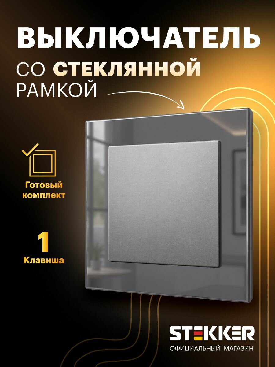 Выключатель одноклавишный встраиваемый с рамкой стекло, готовый комплект, серебро, 10А 250В, Stekker Катрин 50753