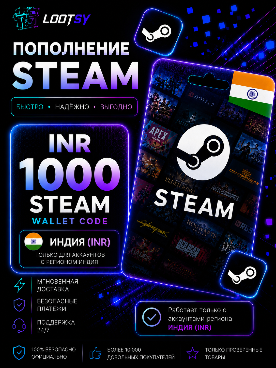 Подарочная карта Steam Индия 1000 INR | Steam Wallet TRY | Пополнение индийского аккаунта