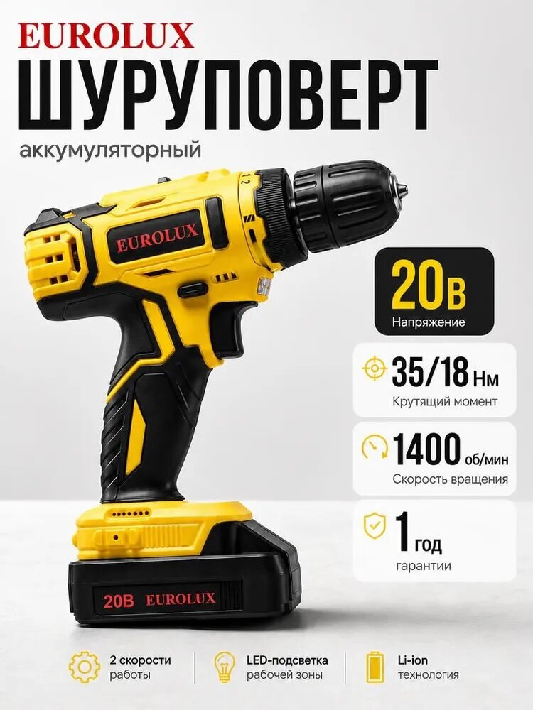 Шуруповерт аккумуляторный, дрель-шуруповерт аккумуляторная, 20В, 35Нм, 2 АКБ, ДА-20DU-2