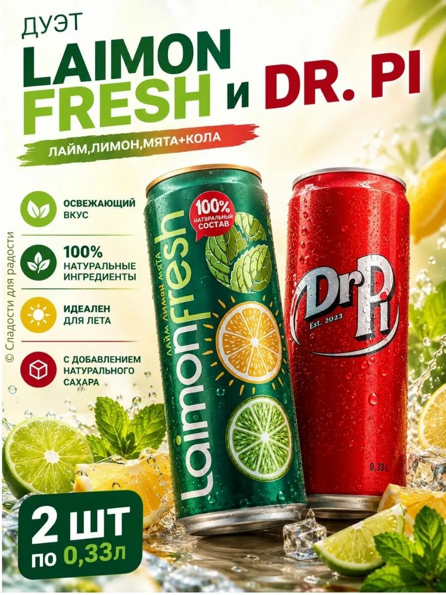 Laimonfresh лайм, лимон, мята+Dr Pi кола 2 шт по 0,33л
