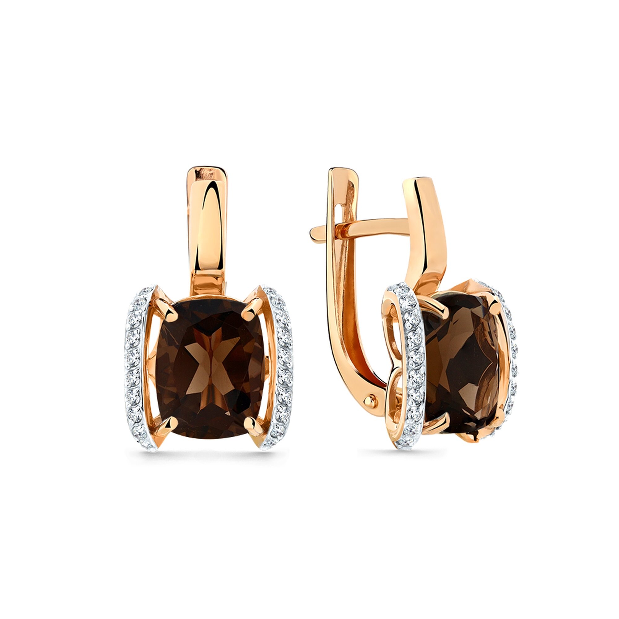 Серьги, красное золото, 585 проба, раухтопаз, фианит