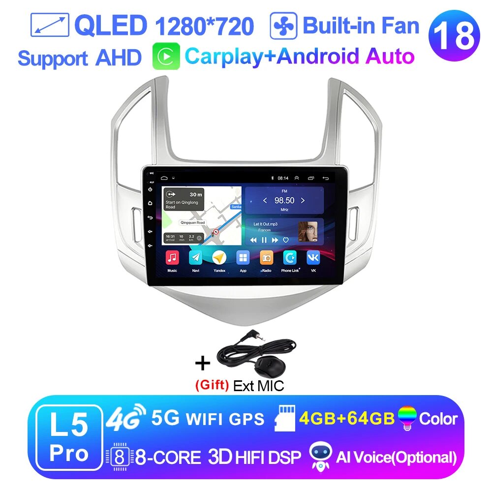 Автомагнитола Android 14, 1280*720 QLED, Carplay, Android Auto, 4+64GB, L5 Pro(4