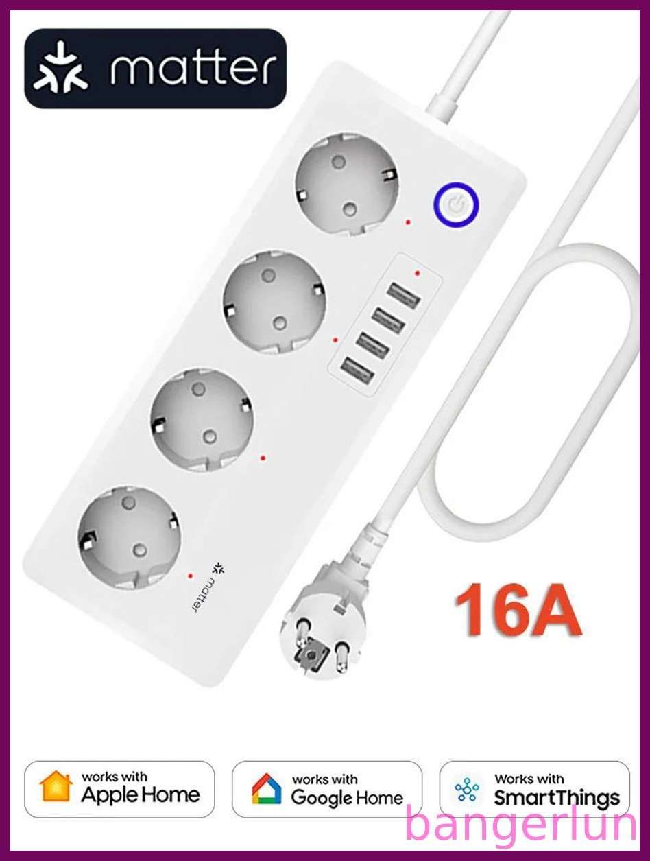 Matter Power Strip Smart Multi Outlet 16A Электрический разъем для расширения USB адаптера Google Home Assistant Apple Home SmartThings