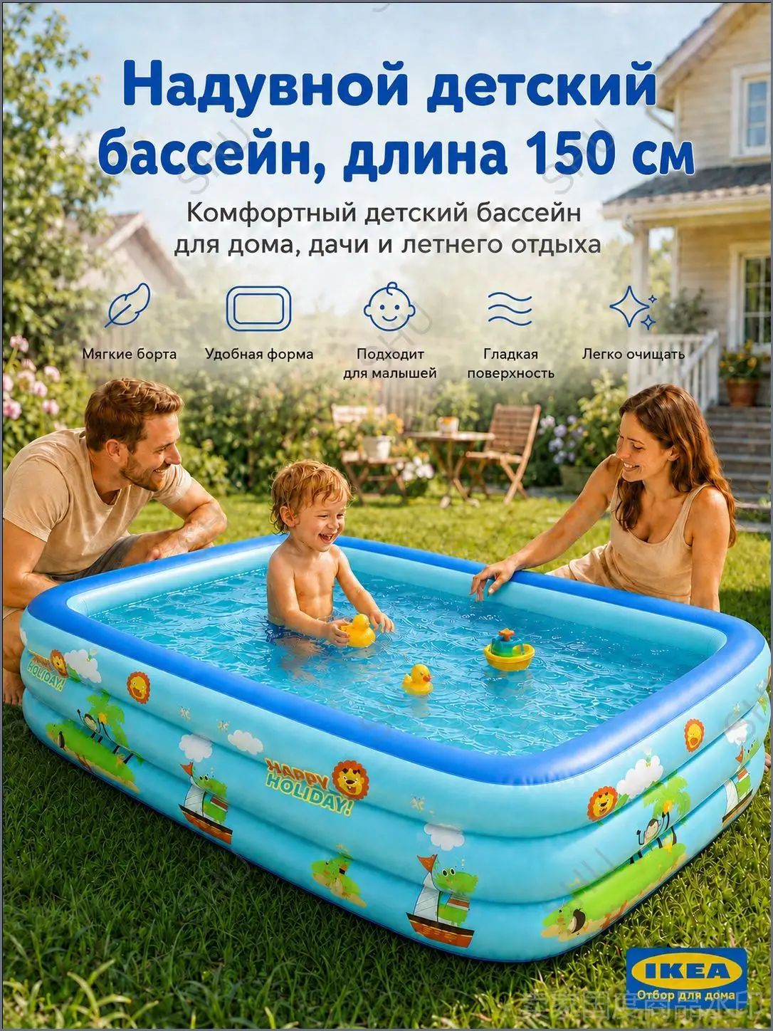Качественный детский бассейн надувной, безопасная водная игрушка для детей от 3 лет, размером 150 на 100 см, используемый летом.