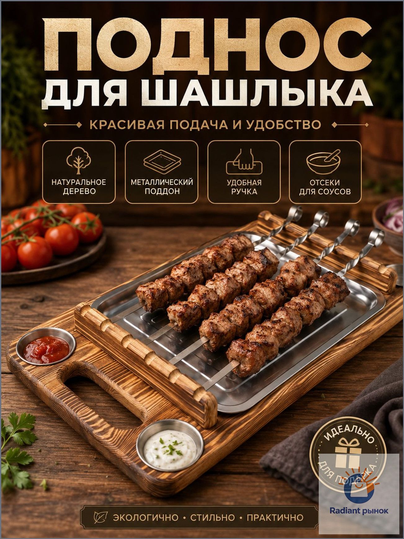Блюдо деревянное для шашлыка 56х30 см / Поднос сервировочный из массива сосны с деревянными ручками