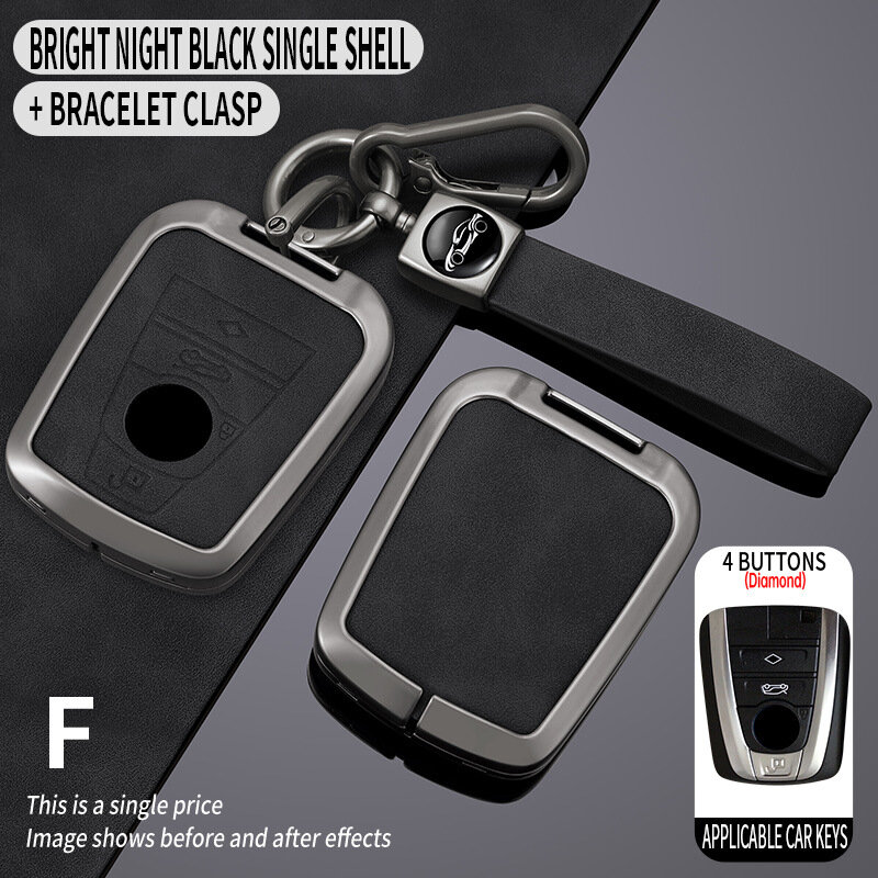 BMW F Series 4-Button Diamond Key Fob Case в цвете Тёмно-чёрный с ручным ремешком и пряжкой для защиты автомобильного