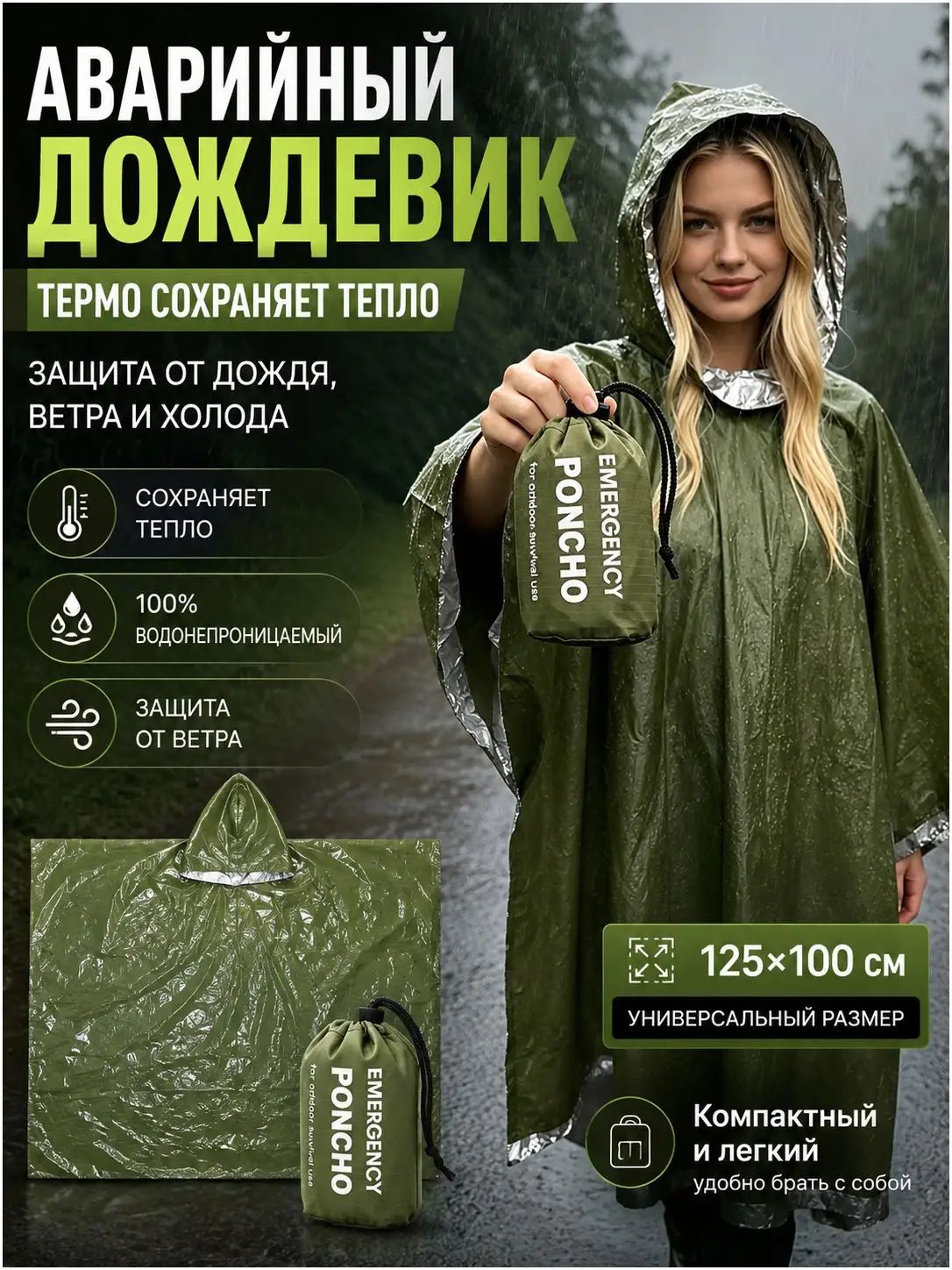 Аварийный термо-дождевик пончо водонепроницаемый