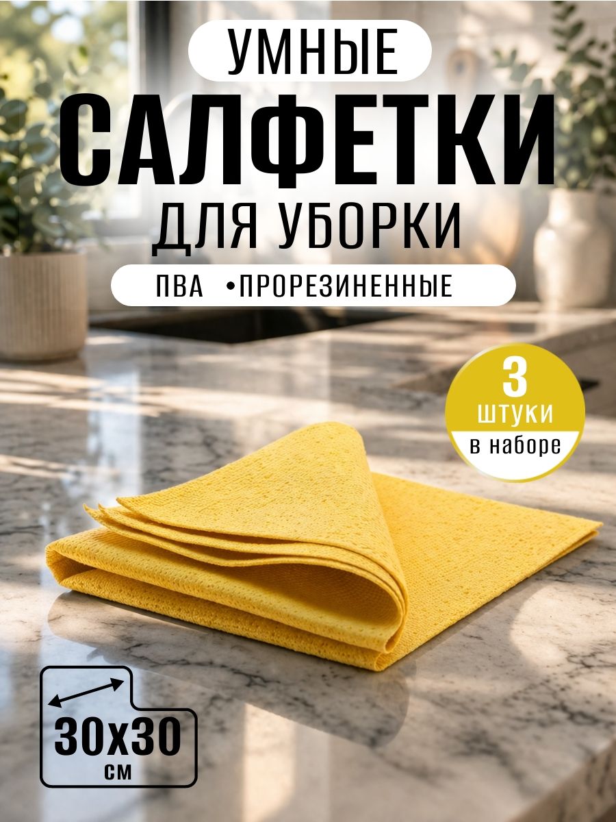 Умные салфетки для уборки 30х30 см ПВА прорезиненные 3 шт