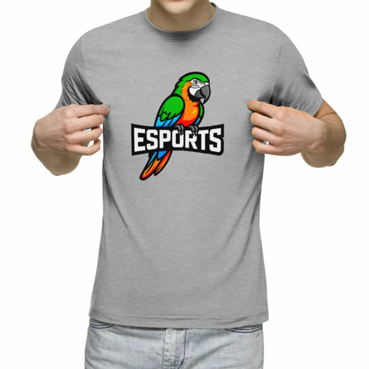 Мужская футболка «Попугай лицом к киберспорту» (серый меланж, 2XL)