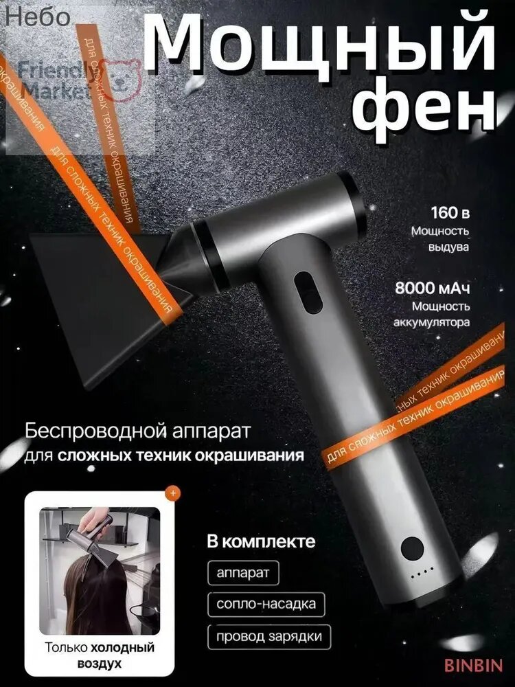 Фен-щетка для волос mzm-20260225055036413 160 Вт, скоростей 120000, кол-во насадок 5, черный, черный матовый