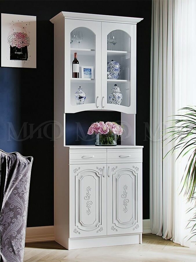 Буфет для кухни Лиза 2, кухонный шкаф витрина для посуды напольный с фасадами МДФ, 80х43х225 см, Белый глянец/Белый