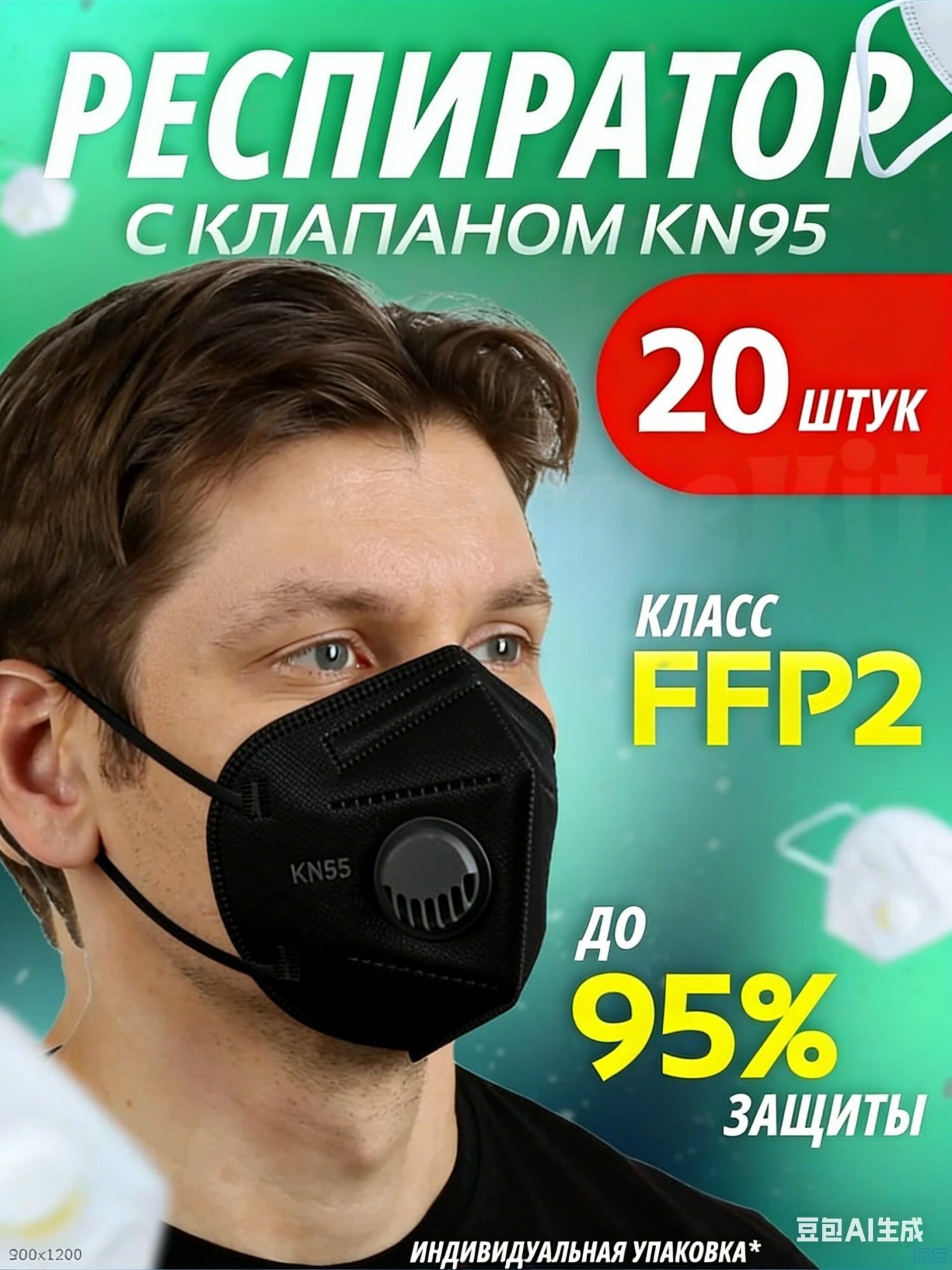 Респиратор FFP2 с клапаном дыхания многоразовый 100 шт