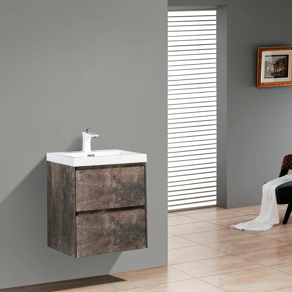 Тумба с раковиной BelBagno Pietra Mini 50 подвесная, 50,2 см, темное дерево, матовая, из МДФ, с ящиками, раковина для ванной, из искусственного мрамора, прямоугольная, встроенный слив-перелив, лофт