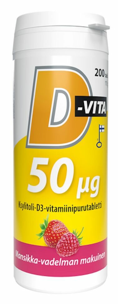 Жевательные таблетки с ксилитом и витамином D3 D-Vita Vitabalans 50 мкг, со вкусом малины и клубники 200 таб. (Финляндия)