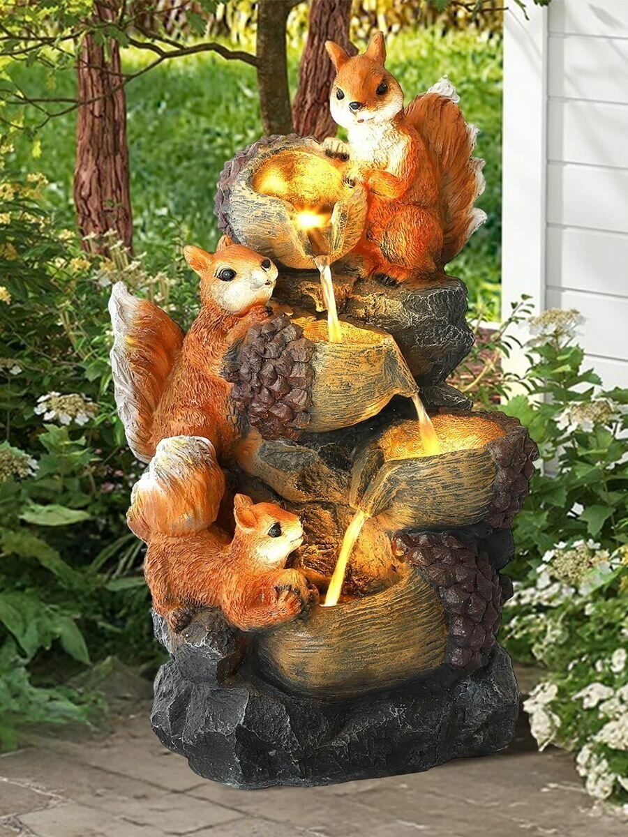 Фонтан садовый уличный, Уличный 4-ярусный каскадный фонтан в форме белки с 4 светодиодными лампами для сада, патио, двора, террасы, декоративных элементов, высота 60 см