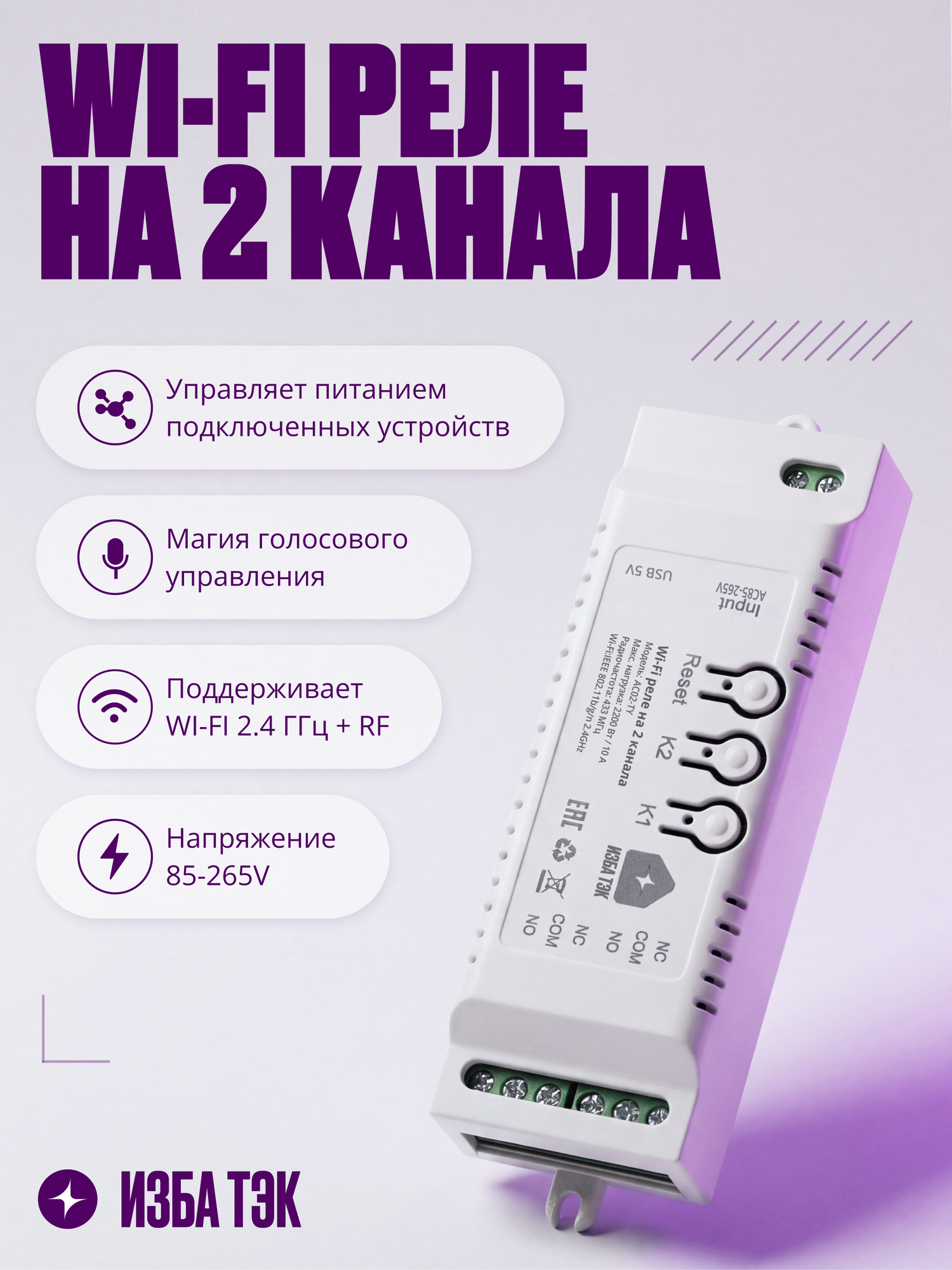 Умное реле Wi-Fi+RF на 2 канала, контроллер, 85-265В, 10А, с сухим контактом, в корпусе