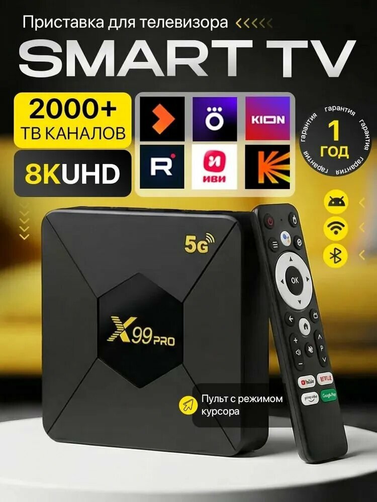 Смарт ТВ приставка для телевизора Андроид Wi-Fi, 8/128 ГБ, 8K ULHD, приставка для цифрового тв с пультом / медиаплеер