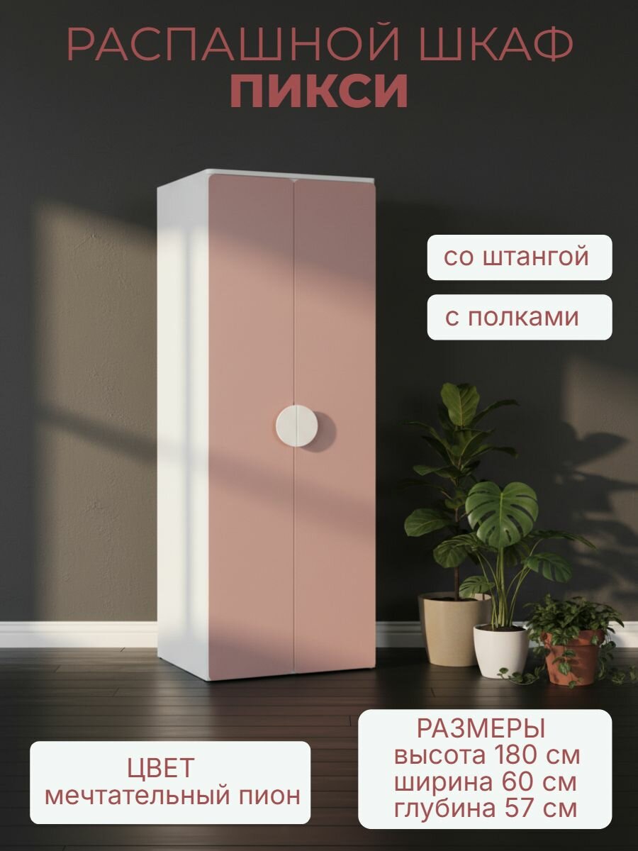 Шкаф Пикси распашной, с двумя дверьми и полкой 60x57x180, мечтательный пион, ширина 60 см, розовый для детской комнаты со штангой и полками, двухстворчатый