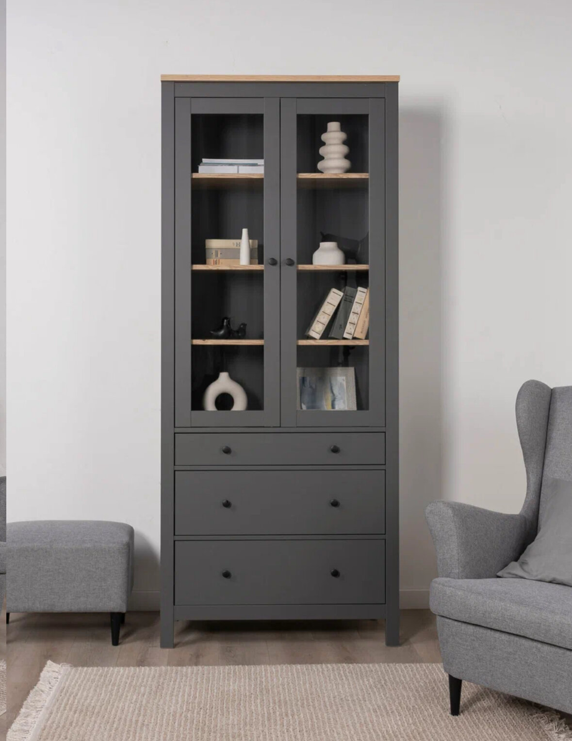 Шкаф с витриной икеа Сага, 90х41х215 см, серый/ясень в стиле Икеа