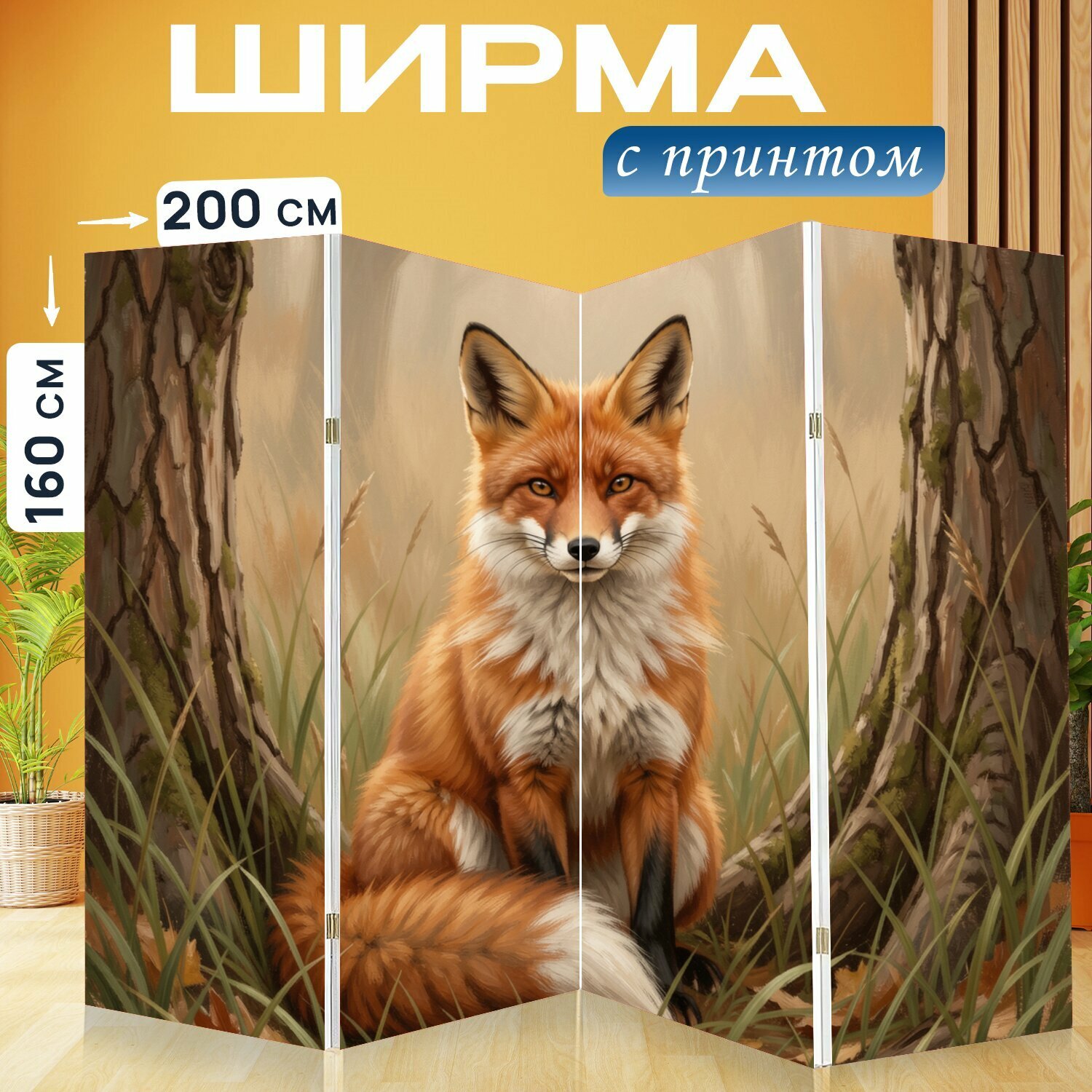 Ширма "Лисица в осеннем лесу. Рыжая лесная хищница сидит среди травы и деревьев в туманной чаще. Тёплая." перегородка для зонирования комнаты с принтом 200x160 см. на холсте