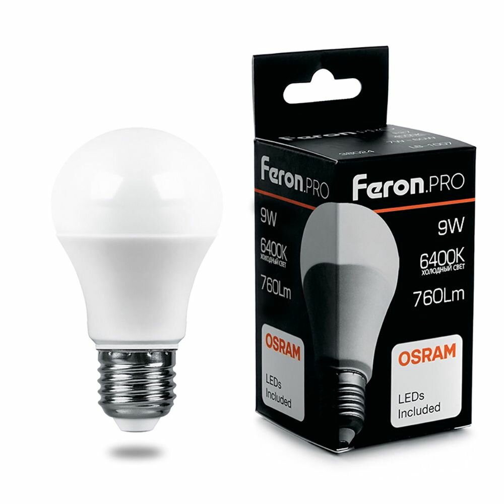 Лампа светодиодная E27 9 Вт A60 шар груша дневной белый свет 6400K Feron.PRO LB-1009 38028