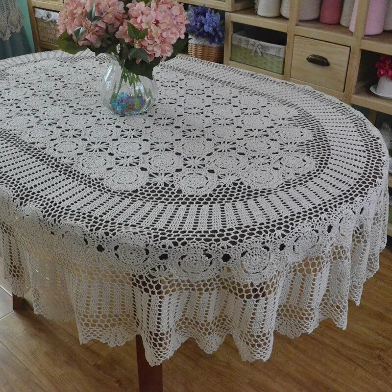 Хлопковая скатерть вязаная овальная, 130x180cm, Бежевая