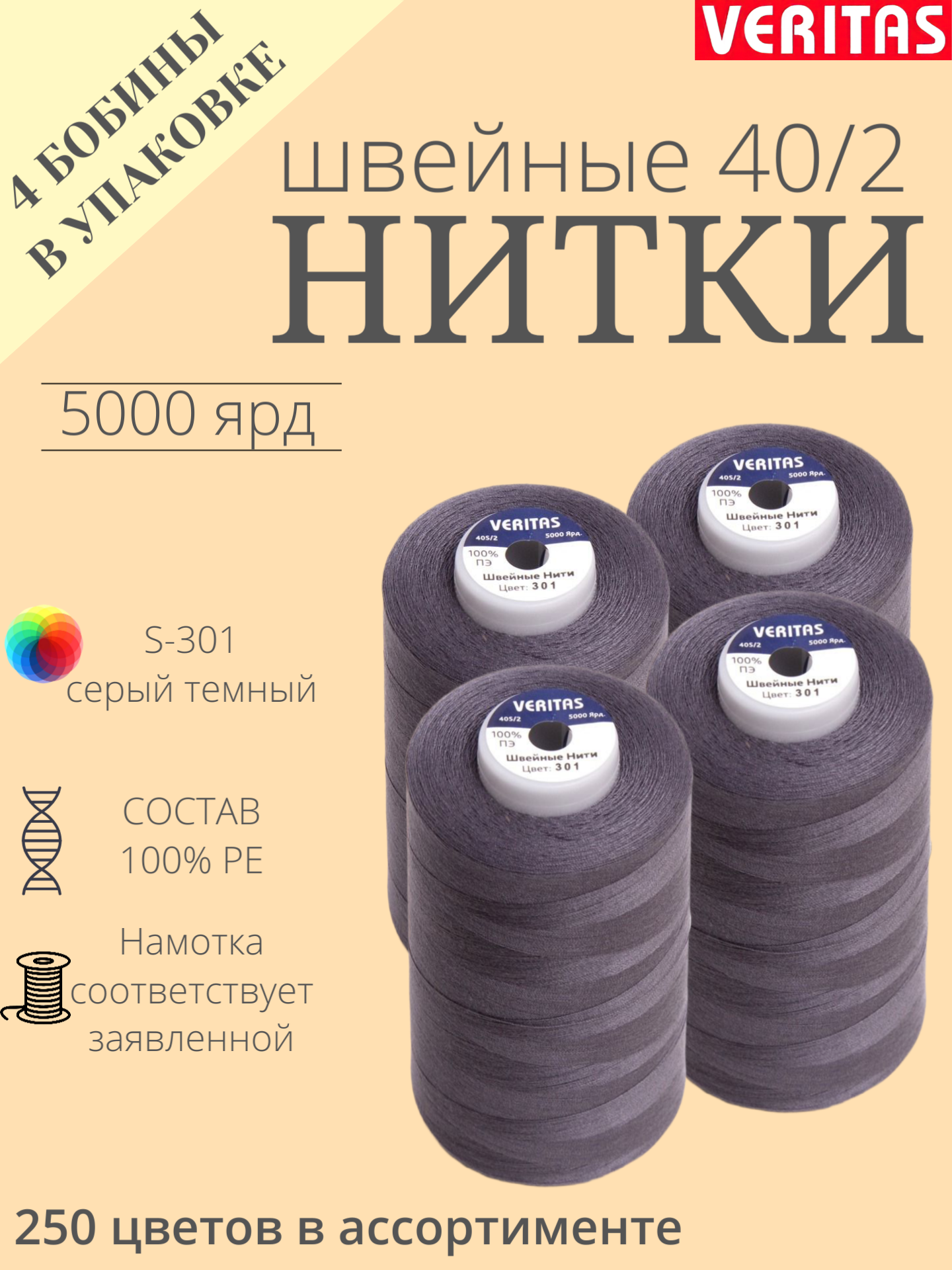 Нитки швейные 40/2 набор 4 бобины VERITAS S-301, намотка 5000ярд
