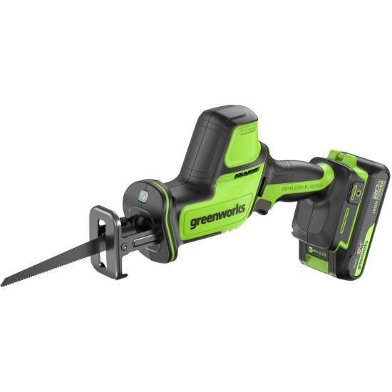 Пила сабельная аккумуляторная Greenworks GPT-CRS-25, 24V, б/щет, 0-3000/мин, рез 80 мм дер, LED, 1х2Ач, ЗУ, кор (1200507CUA)