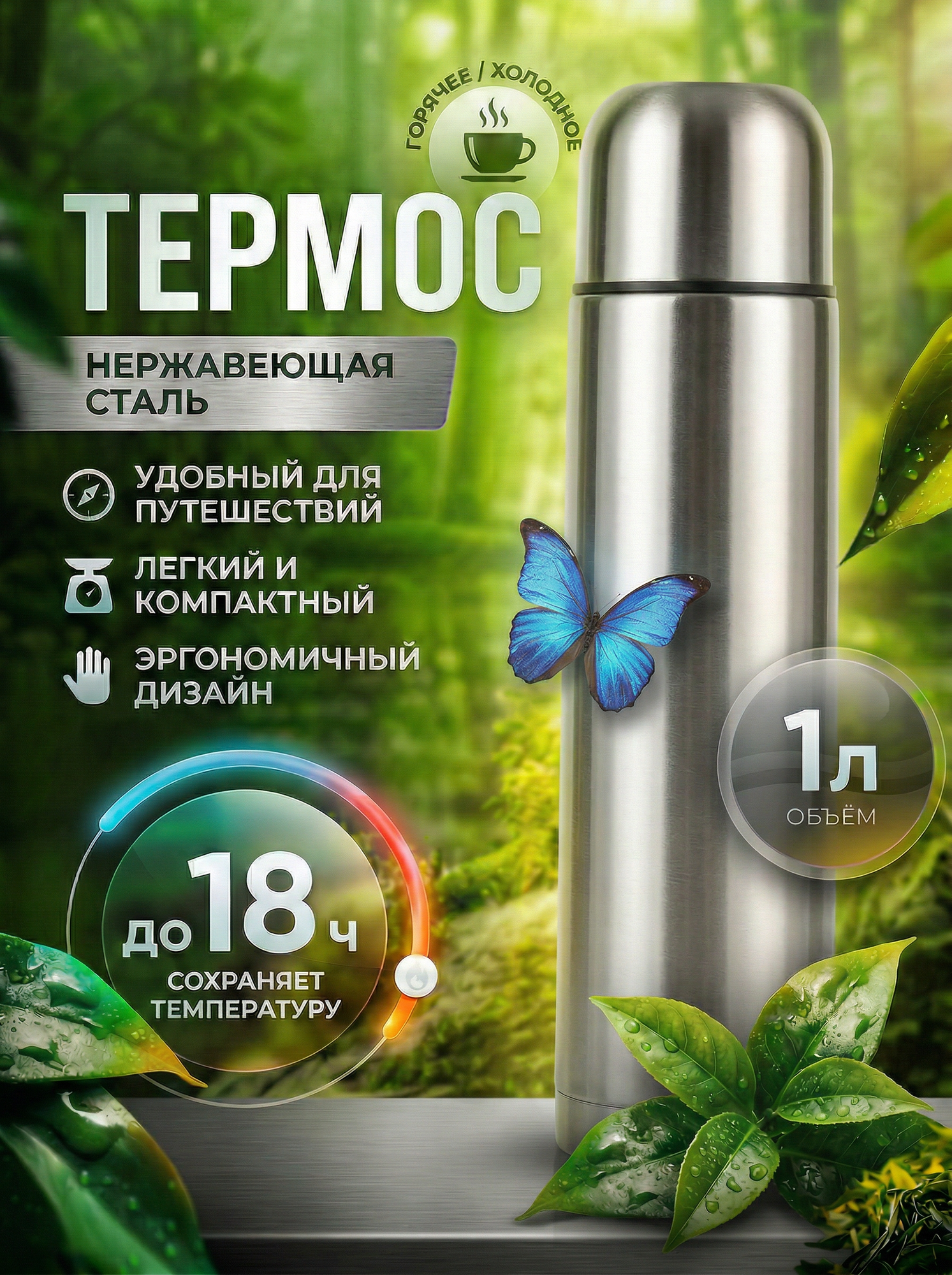 Термос для чая и еды 1 л, нерж. cталь SUS304, серебристый, крышка-кружка, герметичный, компактный 33см