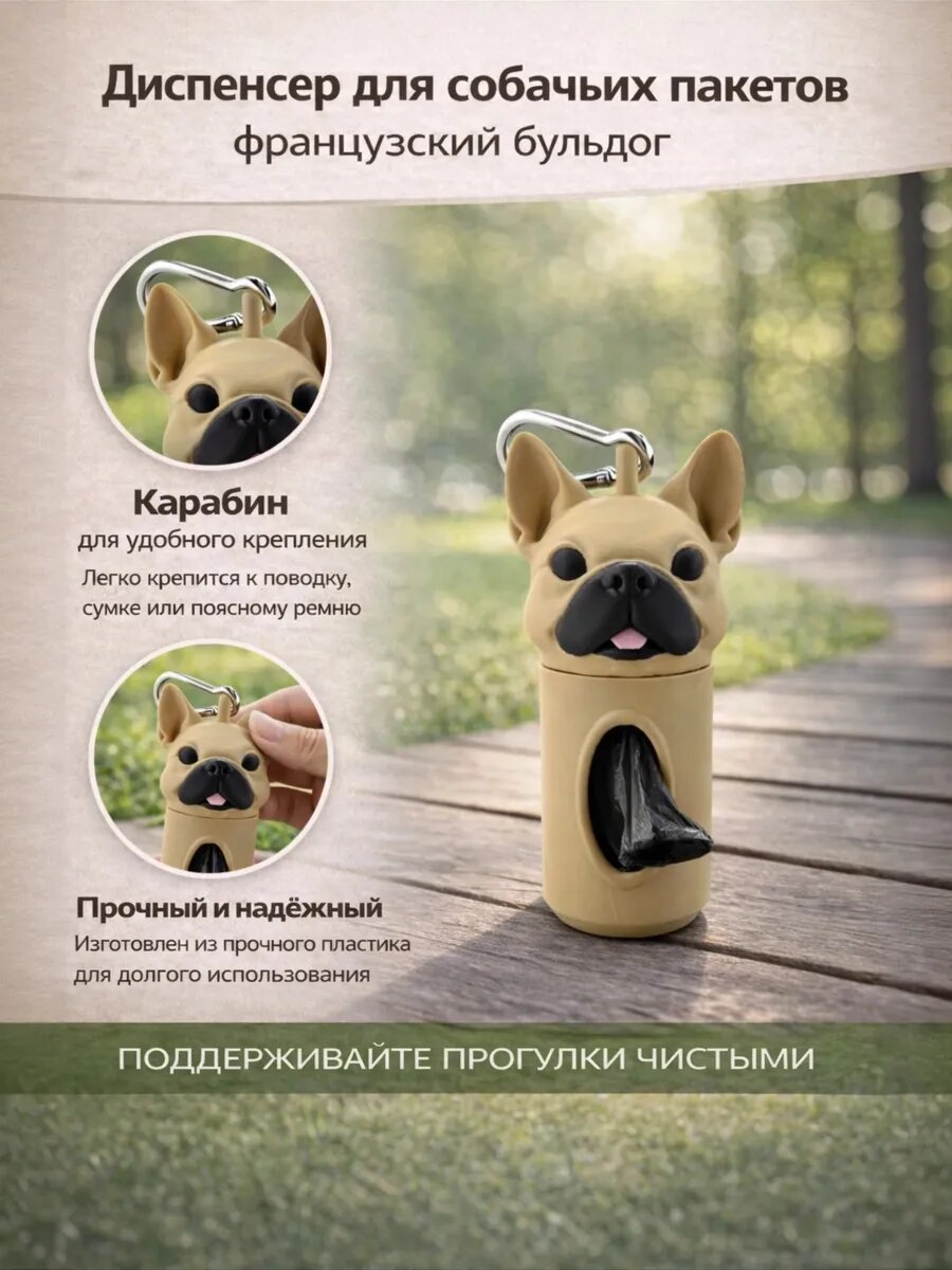 Диспенсер "Французский бульдог", для собачьих пакетов, палевый