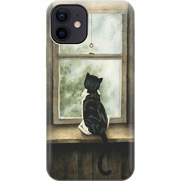 Силиконовый чехол на Apple iPhone 12 / 12 Pro / Эпл Айфон 12 / 12 Про с рисунком "Кот у окна"