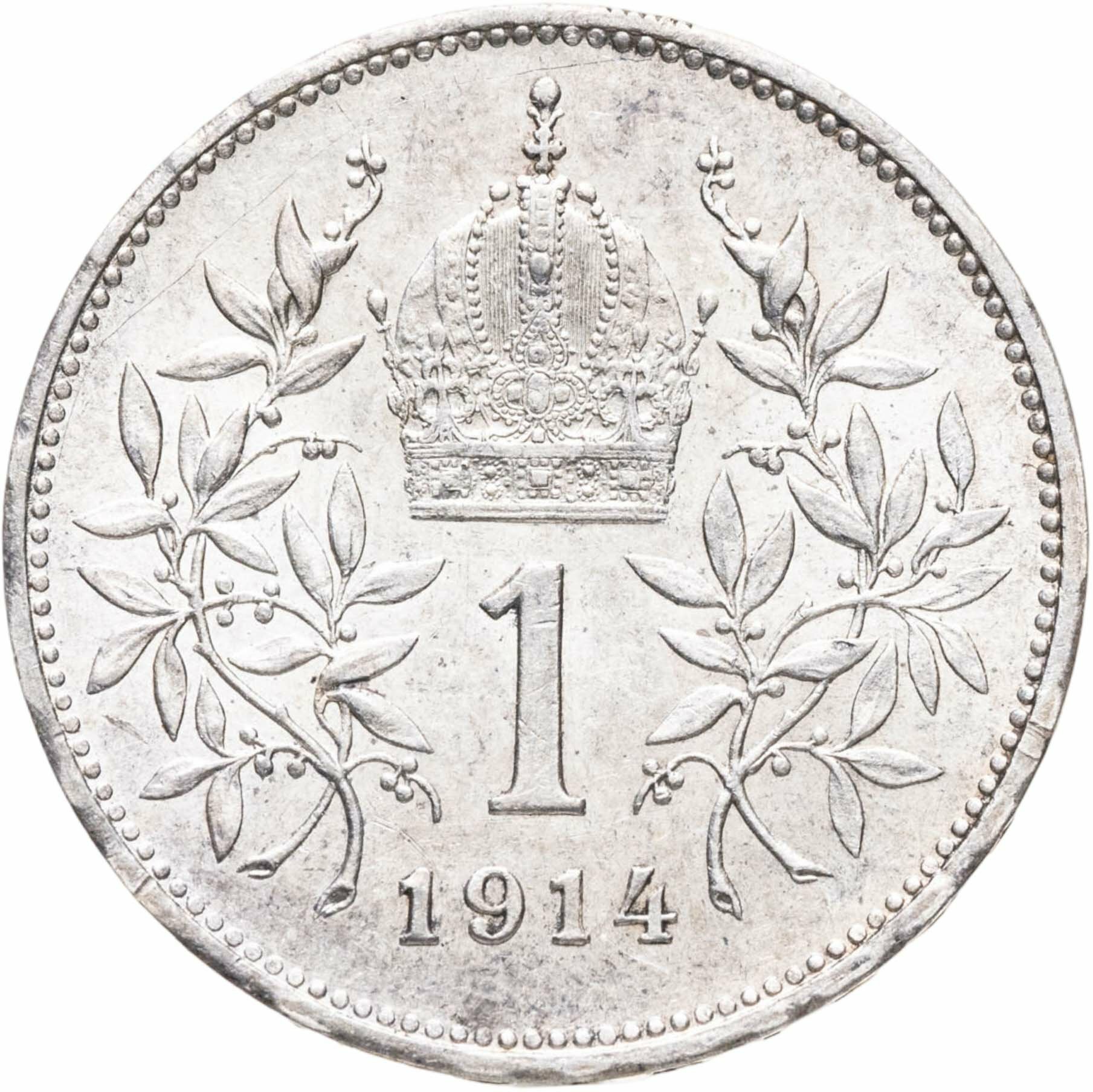 Австро-Венгрия 1 крона 1914 монета для Австрии, Серебро 835, в сохранности AU