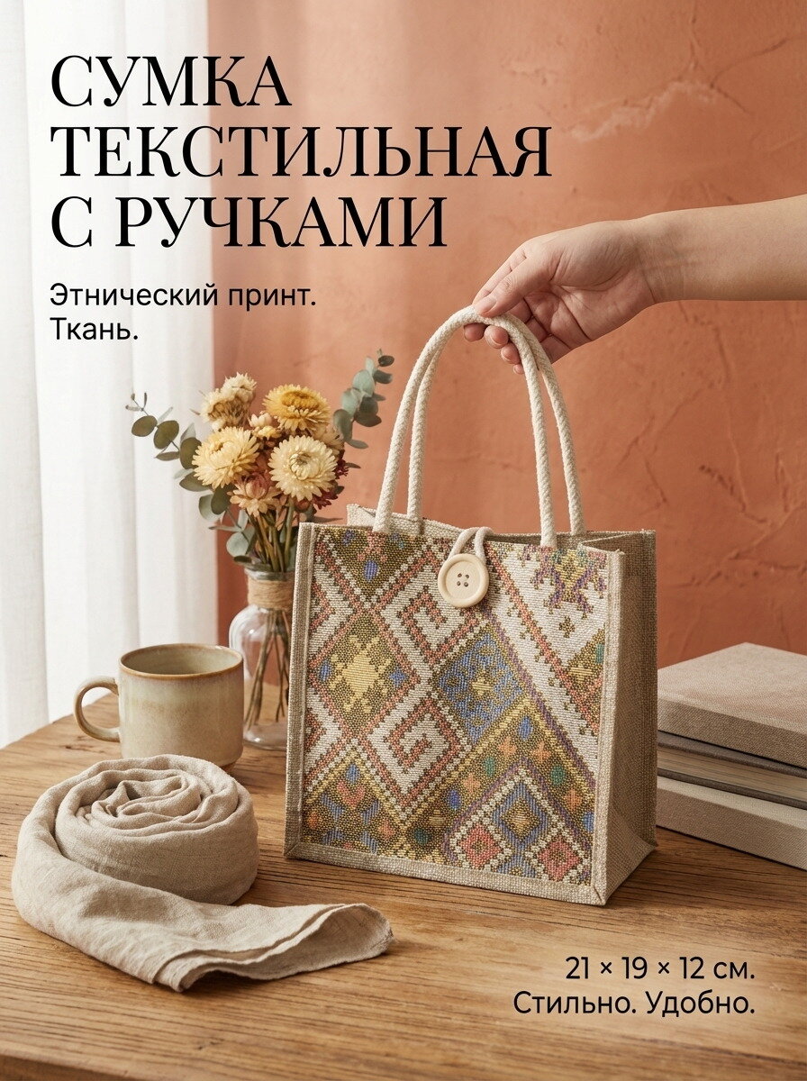 Сумка текстильная с ручками, ткань, этнический принт, 21x19x12см, 1шт