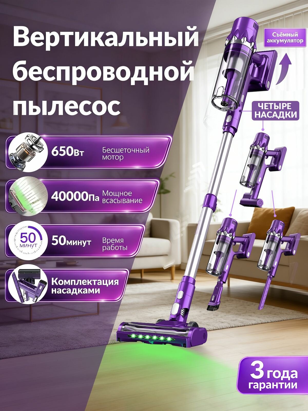 Пылесос вертикальный беспроводной, пылесос для дома Дерюлек P8, 650 Вт, Лазерная подсветка