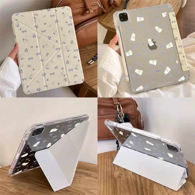 Чехол для iPad Air 3 10.5 дюймов с подставкой, голубой цветочный, прозрачный акрил, с отсеком для ручки