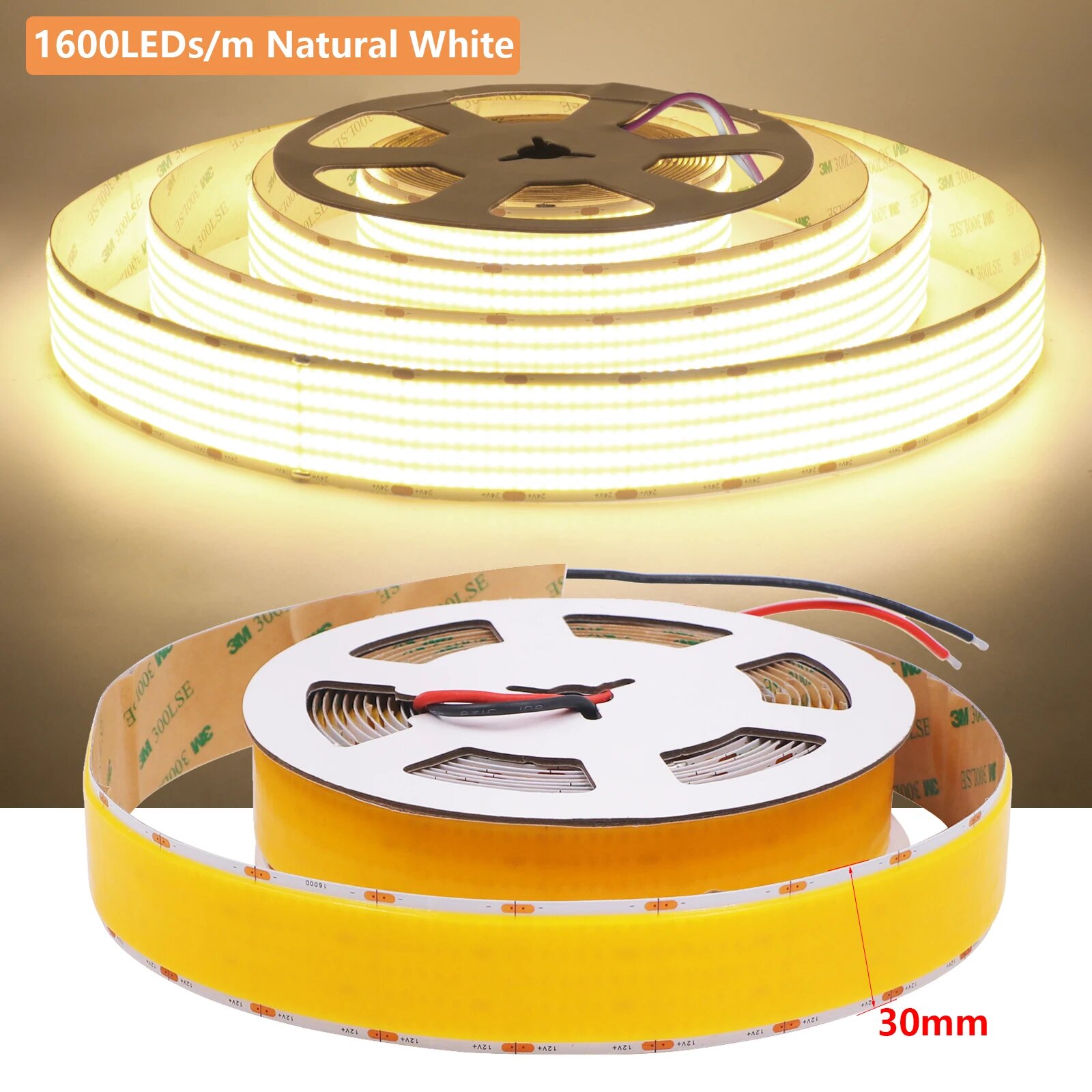 Светодиодная лента COB 12V, 1600LED/м, Natural White, 5м